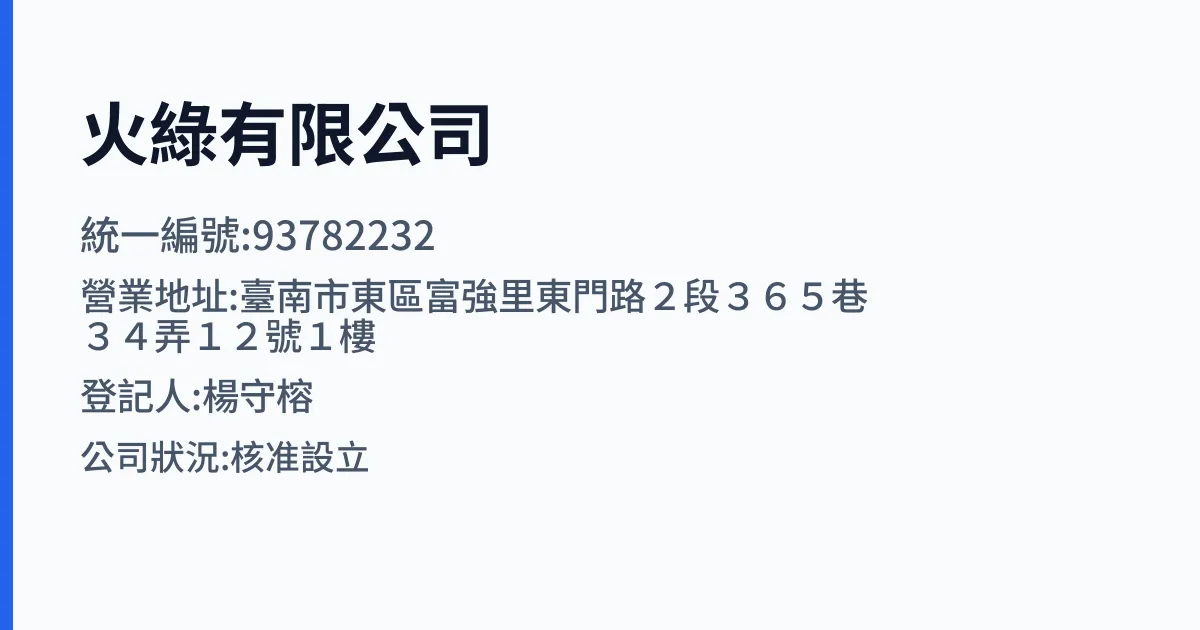 火綠有限公司 - 統編 93782232(臺南市) 公司登記資料與營業項目詳細圖表