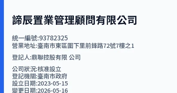 諦辰置業管理顧問有限公司的照片-統編 93782325(臺南市) 公司登記資料與營業項目詳細圖表