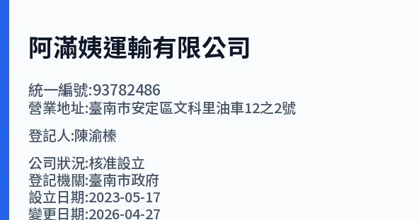 阿滿姨運輸有限公司的照片-統編 93782486(臺南市) 公司登記資料與營業項目詳細圖表