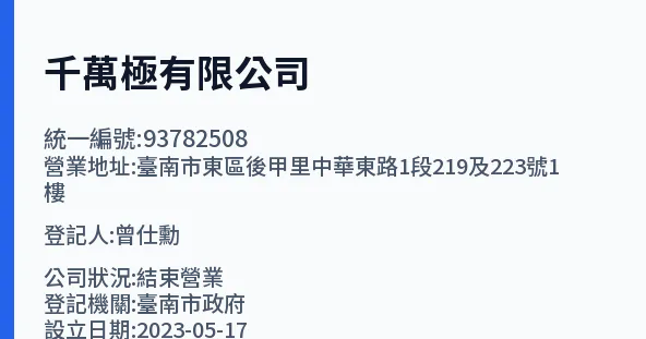 千萬極有限公司的照片-統編 93782508(臺南市) 公司登記資料與營業項目詳細圖表