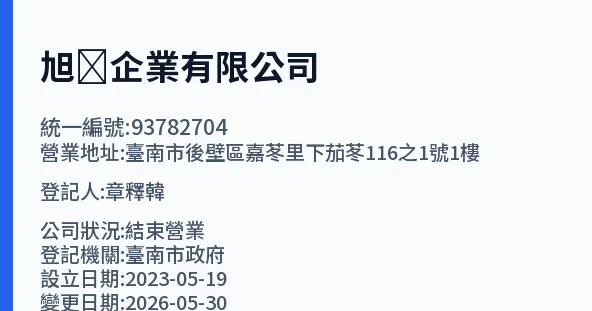 旭莀企業有限公司的照片-統編 93782704(臺南市) 公司登記資料與營業項目詳細圖表