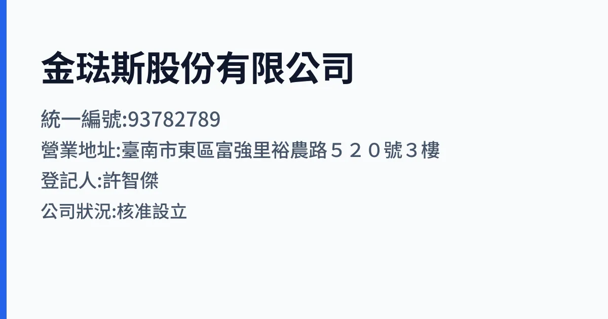 金琺斯股份有限公司 - 統編 93782789(臺南市) 公司登記資料與營業項目詳細圖表