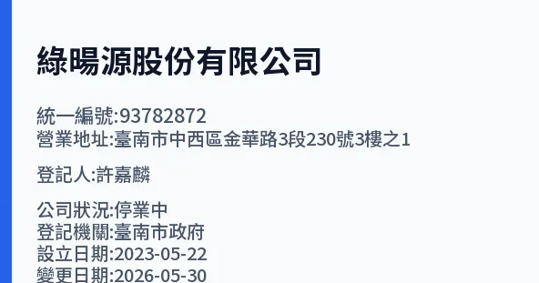 綠暘源股份有限公司的照片-統編 93782872(臺南市) 公司登記資料與營業項目詳細圖表