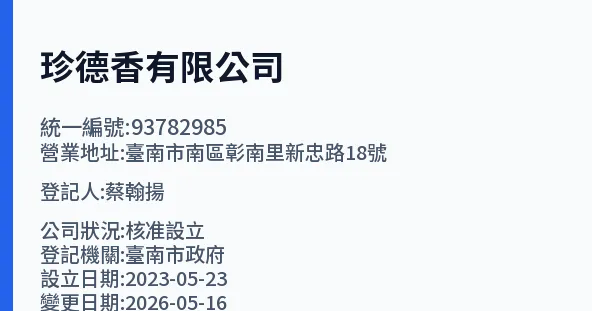 珍德香有限公司的照片-統編 93782985(臺南市) 公司登記資料與營業項目詳細圖表