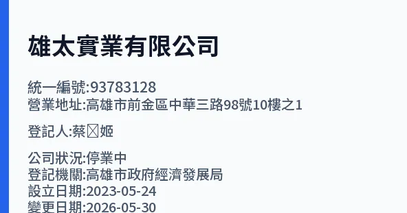 雄太實業有限公司的照片-統編 93783128(高雄市) 公司登記資料與營業項目詳細圖表