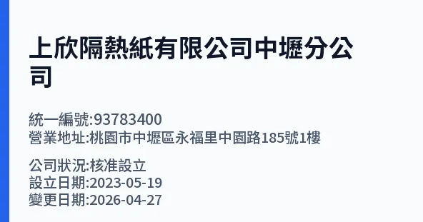 上欣隔熱紙有限公司中壢分公司的照片-統編 93783400(桃園市) 公司登記資料與營業項目詳細圖表