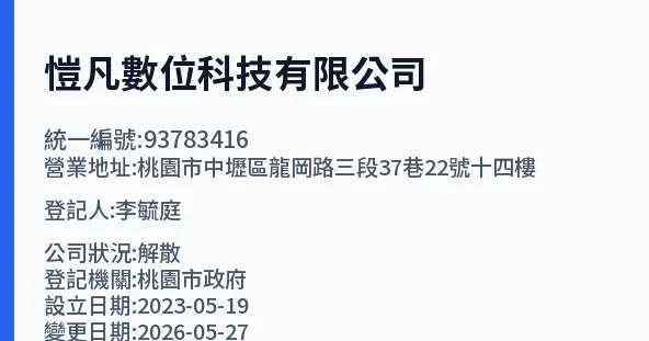 愷凡數位科技有限公司的照片-統編 93783416(桃園市) 公司登記資料與營業項目詳細圖表