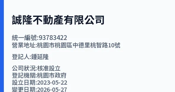 誠隆不動產有限公司的照片-統編 93783422(桃園市) 公司登記資料與營業項目詳細圖表