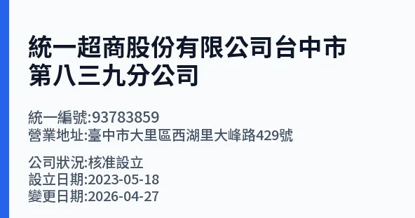 統一超商股份有限公司台中市第八三九分公司的照片-統編 93783859(臺中市) 公司登記資料與營業項目詳細圖表