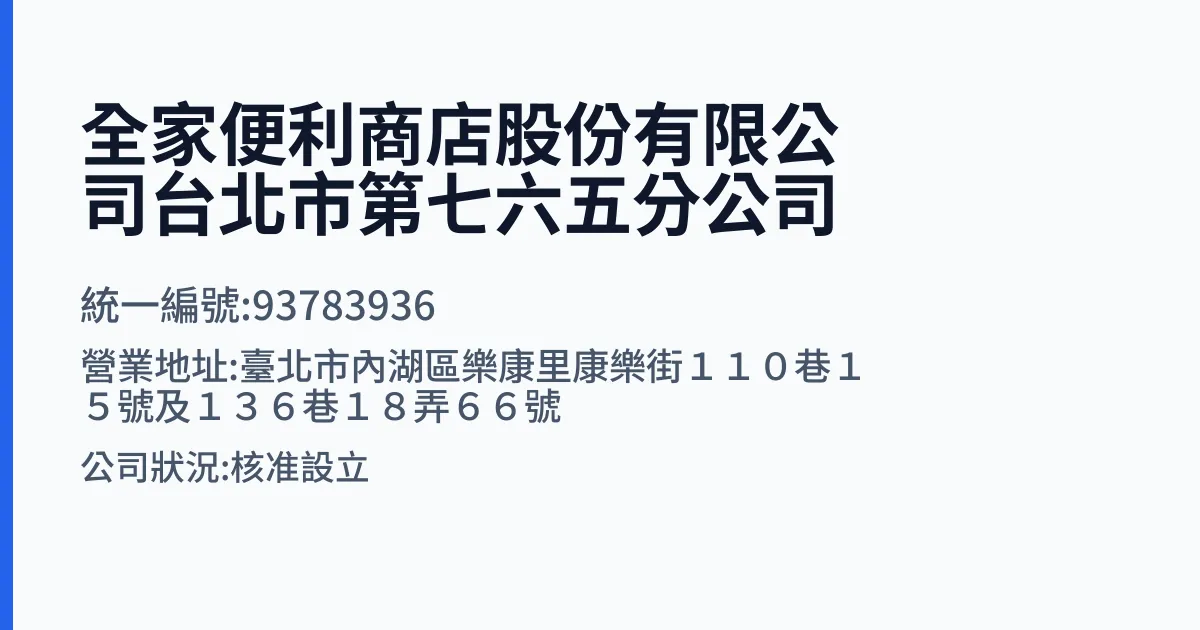 全家便利商店股份有限公司台北市第七六五分公司 - 統編 93783936(臺北市) 公司登記資料與營業項目詳細圖表