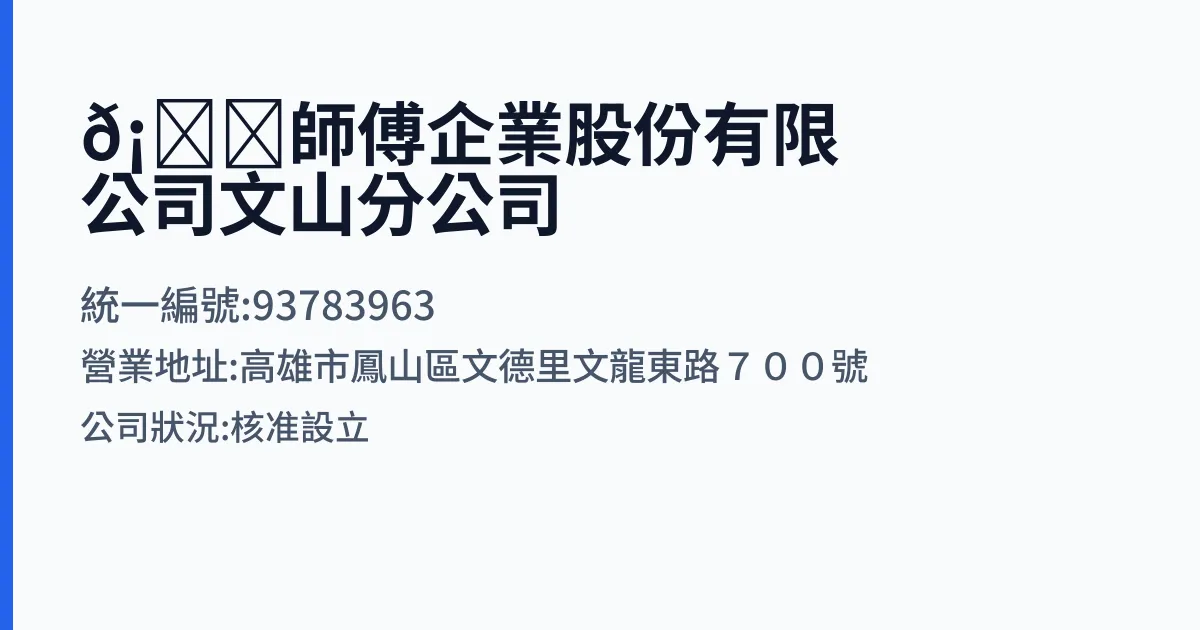 𡘙師傅企業股份有限公司文山分公司 - 統編 93783963(高雄市) 公司登記資料與營業項目詳細圖表