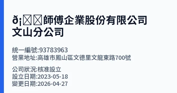 𡘙師傅企業股份有限公司文山分公司的照片-統編 93783963(高雄市) 公司登記資料與營業項目詳細圖表