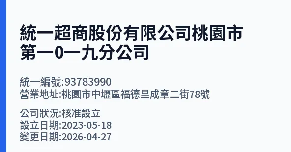 統一超商股份有限公司桃園市第一0一九分公司的照片-統編 93783990(桃園市) 公司登記資料與營業項目詳細圖表
