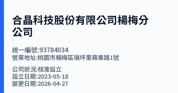 合晶科技股份有限公司楊梅分公司的照片-統編 93784034(桃園市) 公司登記資料與營業項目詳細圖表