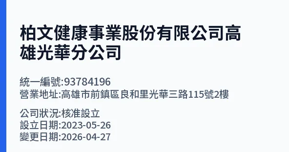 柏文健康事業股份有限公司高雄光華分公司的照片-統編 93784196(高雄市) 公司登記資料與營業項目詳細圖表