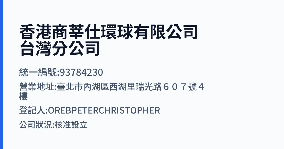 香港商莘仕環球有限公司台灣分公司 - 統編 93784230(臺北市) 公司登記資料與營業項目詳細圖表