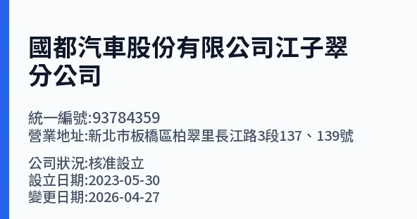國都汽車股份有限公司江子翠分公司的照片-統編 93784359(新北市) 公司登記資料與營業項目詳細圖表
