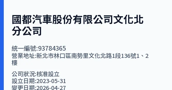 國都汽車股份有限公司文化北分公司的照片-統編 93784365(新北市) 公司登記資料與營業項目詳細圖表