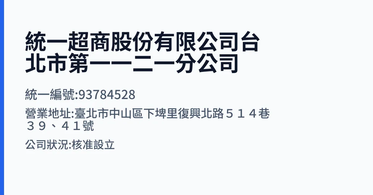 統一超商股份有限公司台北市第一一二一分公司 - 統編 93784528(臺北市) 公司登記資料與營業項目詳細圖表