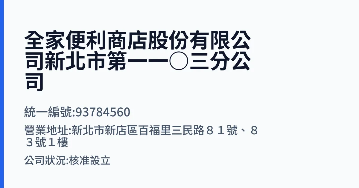 全家便利商店股份有限公司新北市第一一○三分公司 - 統編 93784560(新北市) 公司登記資料與營業項目詳細圖表