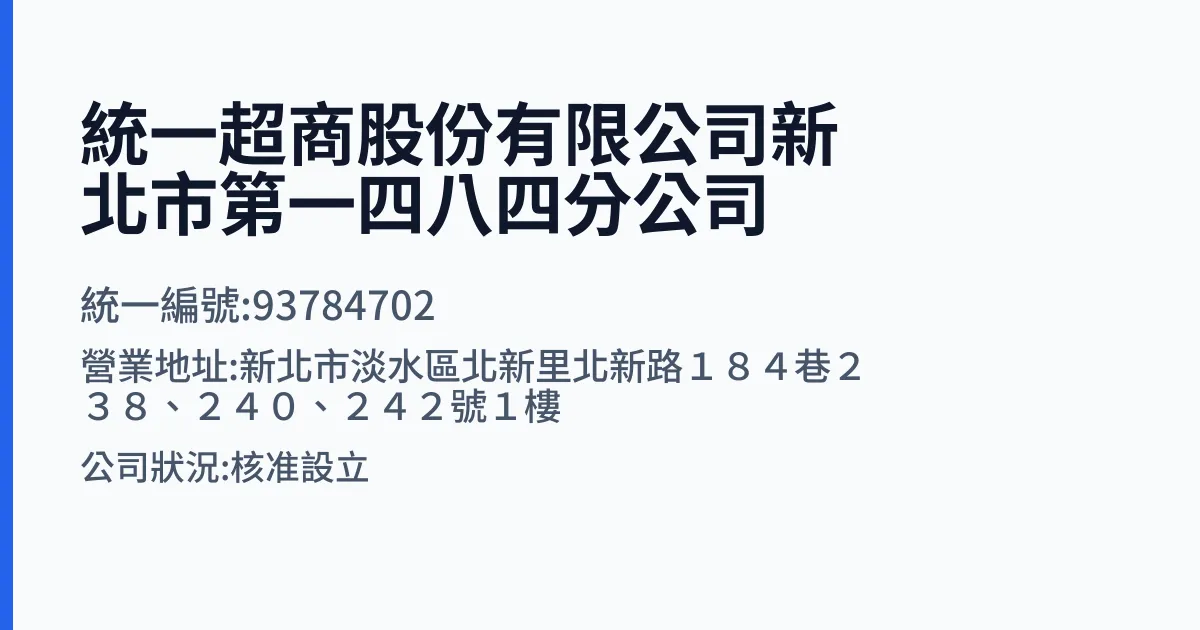 統一超商股份有限公司新北市第一四八四分公司 - 統編 93784702(新北市) 公司登記資料與營業項目詳細圖表