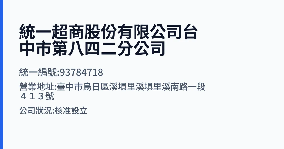 統一超商股份有限公司台中市第八四二分公司 - 統編 93784718(臺中市) 公司登記資料與營業項目詳細圖表
