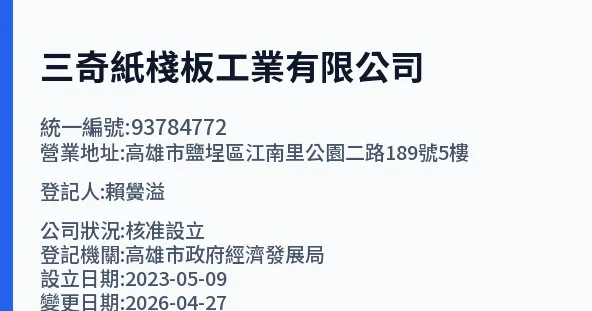 三奇紙棧板工業有限公司的照片-統編 93784772(高雄市) 公司登記資料與營業項目詳細圖表