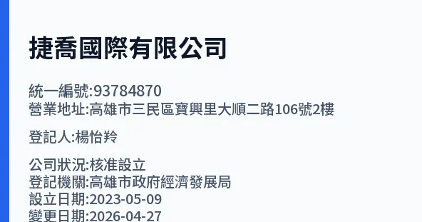 捷喬國際有限公司的照片-統編 93784870(高雄市) 公司登記資料與營業項目詳細圖表