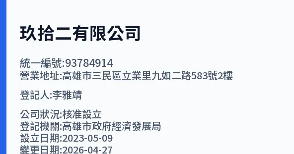 玖拾二有限公司的照片-統編 93784914(高雄市) 公司登記資料與營業項目詳細圖表