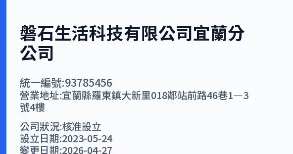 磐石生活科技有限公司宜蘭分公司的照片-統編 93785456(宜蘭縣) 公司登記資料與營業項目詳細圖表