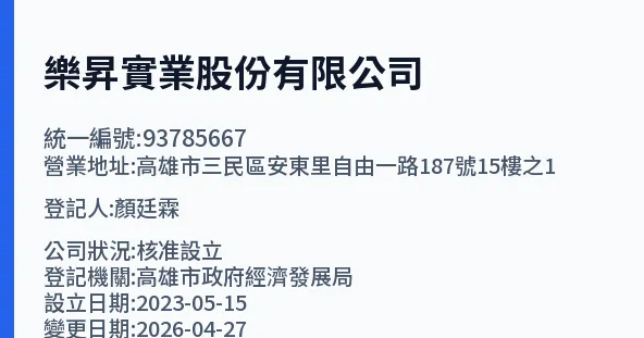 樂昇實業股份有限公司的照片-統編 93785667(高雄市) 公司登記資料與營業項目詳細圖表