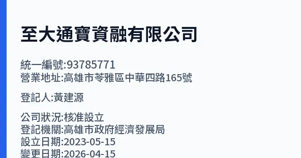 至大通寶資融有限公司的照片-統編 93785771(高雄市) 公司登記資料與營業項目詳細圖表