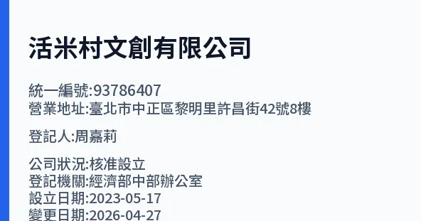 活米村文創有限公司的照片-統編 93786407(臺北市) 公司登記資料與營業項目詳細圖表
