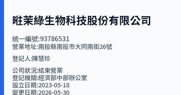 暀茉綠生物科技股份有限公司的照片-統編 93786531(南投縣) 公司登記資料與營業項目詳細圖表