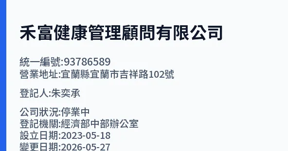 禾富健康管理顧問有限公司的照片-統編 93786589(宜蘭縣) 公司登記資料與營業項目詳細圖表