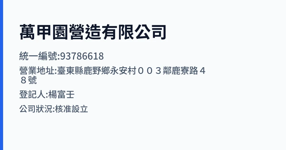 萬甲園營造有限公司 - 統編 93786618(臺東縣) 公司登記資料與營業項目詳細圖表