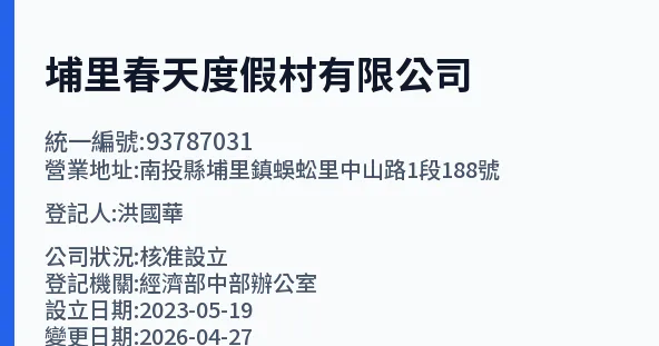 埔里春天度假村有限公司的照片-統編 93787031(南投縣) 公司登記資料與營業項目詳細圖表