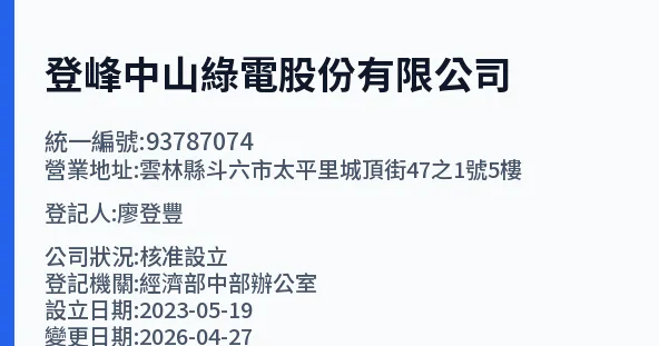 登峰中山綠電股份有限公司的照片-統編 93787074(雲林縣) 公司登記資料與營業項目詳細圖表