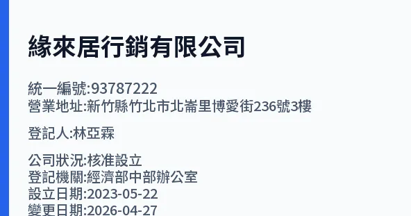 緣來居行銷有限公司的照片-統編 93787222(新竹縣) 公司登記資料與營業項目詳細圖表