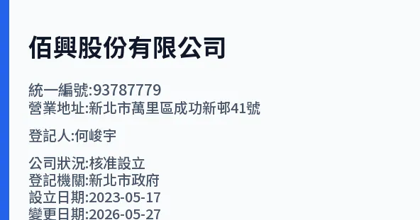 佰興股份有限公司的照片-統編 93787779(新北市) 公司登記資料與營業項目詳細圖表