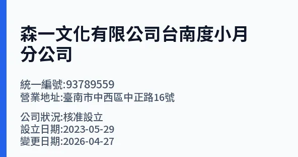 森一文化有限公司台南度小月分公司的照片-統編 93789559(臺南市) 公司登記資料與營業項目詳細圖表