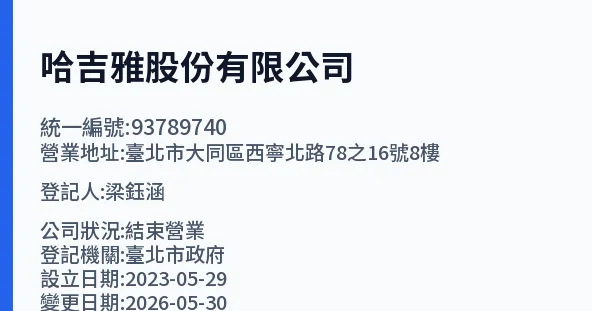 哈吉雅股份有限公司的照片-統編 93789740(臺北市) 公司登記資料與營業項目詳細圖表