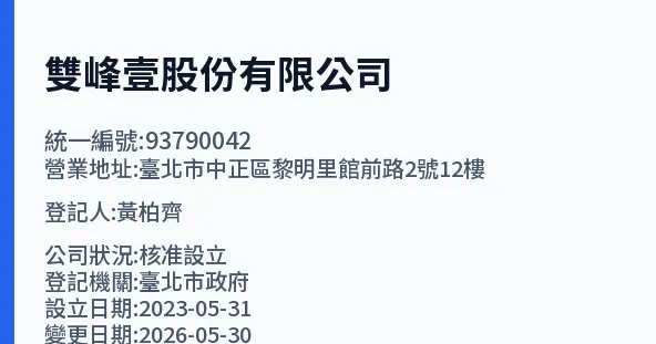 雙峰壹股份有限公司的照片-統編 93790042(臺北市) 公司登記資料與營業項目詳細圖表