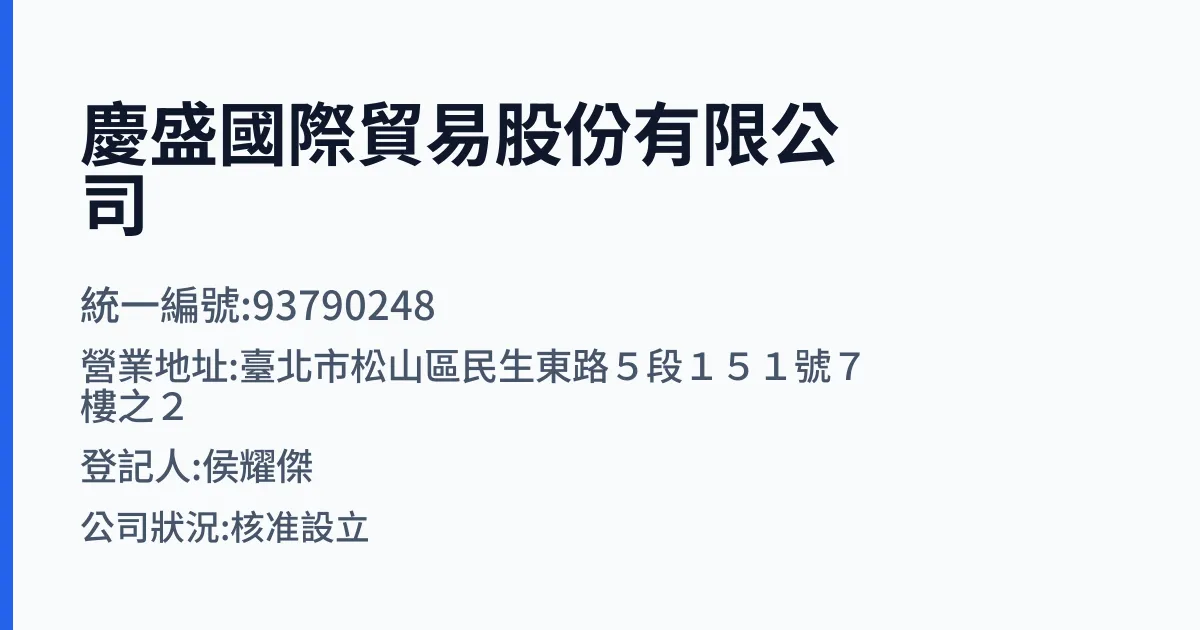 慶盛國際貿易股份有限公司 - 統編 93790248(臺北市) 公司登記資料與營業項目詳細圖表