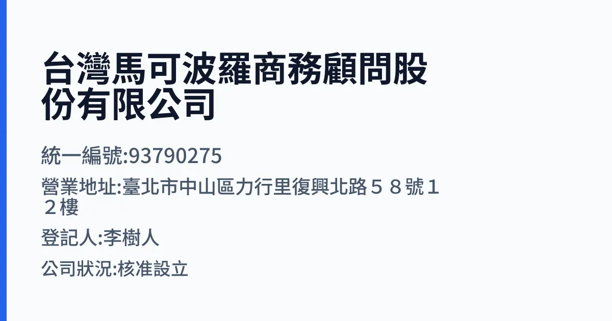 台灣馬可波羅商務顧問股份有限公司 - 統編 93790275(臺北市) 公司登記資料與營業項目詳細圖表