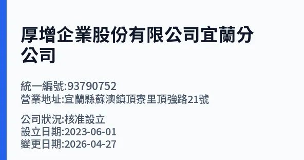 厚增企業股份有限公司宜蘭分公司的照片-統編 93790752(宜蘭縣) 公司登記資料與營業項目詳細圖表