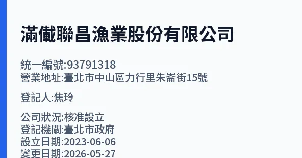 滿儎聯昌漁業股份有限公司的照片-統編 93791318(臺北市) 公司登記資料與營業項目詳細圖表