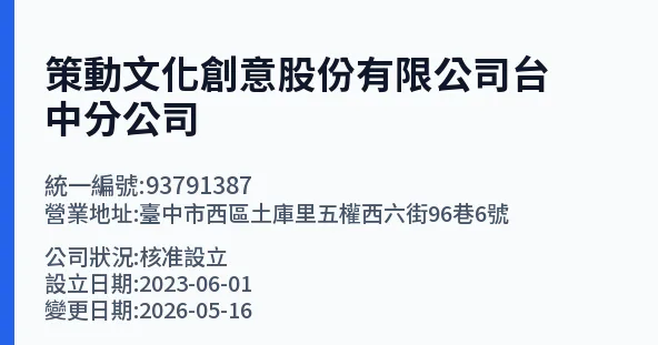 策動文化創意股份有限公司台中分公司的照片-統編 93791387(臺中市) 公司登記資料與營業項目詳細圖表