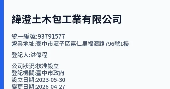 緯澄土木包工業有限公司的照片-統編 93791577(臺中市) 公司登記資料與營業項目詳細圖表