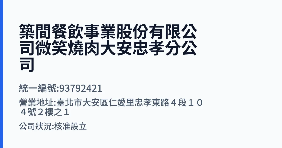 築間餐飲事業股份有限公司微笑燒肉大安忠孝分公司 - 統編 93792421(臺北市) 公司登記資料與營業項目詳細圖表